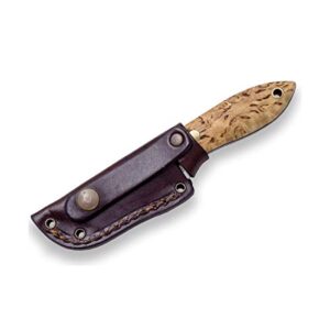 Joker Bushcraft Avispa S CL121, curly birch wood handle, 3.15 inches blade with spine grip, includes brown leather Sheath, Tool for fishing, Hunting, camping and hiking