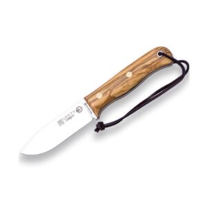 joker bushcraft knife bs9 campero co112, olive wood handle, leather sheath, blade 4.13 inches in steel sandvik 14c28n, tool for fishing, hunting, camping and hiking