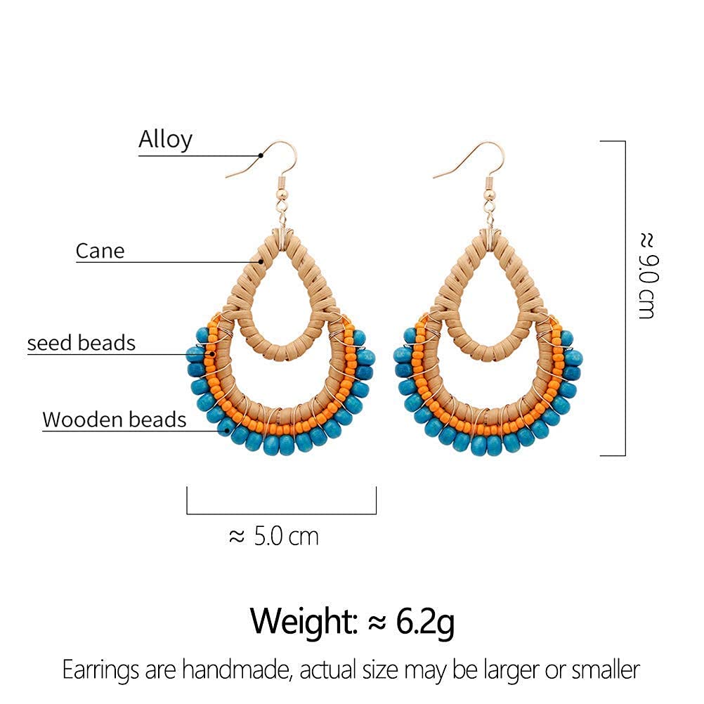 CALORVIA Bohemian Rattan Wooden Beads Handmade Teardrop Earrings Dangle Drop Jewelry for Women (Blue)