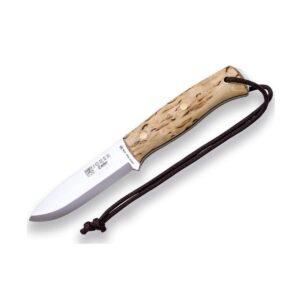 joker hunting knife ember scandi cl122, 4.13 inches blade sandvik 14c24n steel, curly birch wood handle, leather sheath, tool for fishing, hunting, camping and hiking