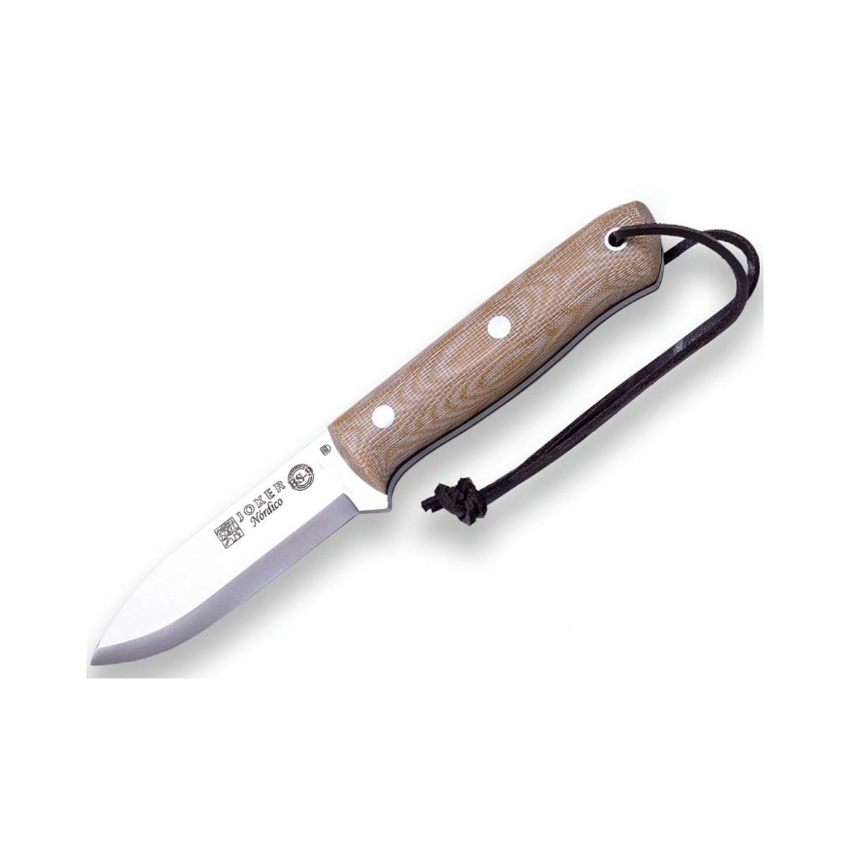 Joker Survival Knife Nórdico CM119, with Brown Leather Sheath, micarta Handle Brown Canvas, 3.94 inches Böhler K720 Carbon Steel Blade, Tool for Fishing, Hunting, Camping and Hiking