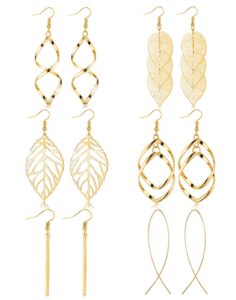 funeia 6 pairs drop dangle earrings for women long bar double twist wave curved threader cut out leaf lightweight earrings set