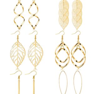 FUNEIA 6 Pairs Drop Dangle Earrings for Women Long Bar Double Twist Wave Curved Threader Cut Out Leaf Lightweight Earrings Set