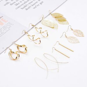 FUNEIA 6 Pairs Drop Dangle Earrings for Women Long Bar Double Twist Wave Curved Threader Cut Out Leaf Lightweight Earrings Set