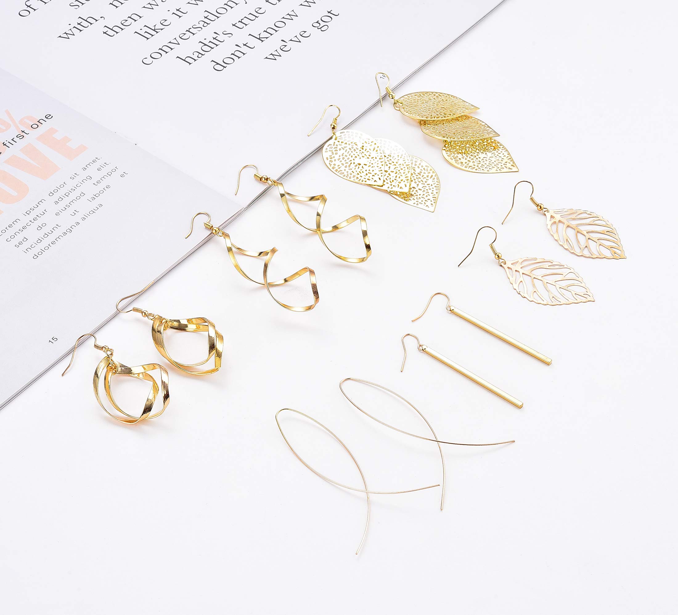 FUNEIA 6 Pairs Drop Dangle Earrings for Women Long Bar Double Twist Wave Curved Threader Cut Out Leaf Lightweight Earrings Set