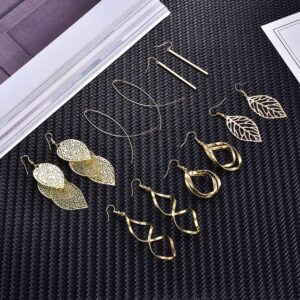 FUNEIA 6 Pairs Drop Dangle Earrings for Women Long Bar Double Twist Wave Curved Threader Cut Out Leaf Lightweight Earrings Set