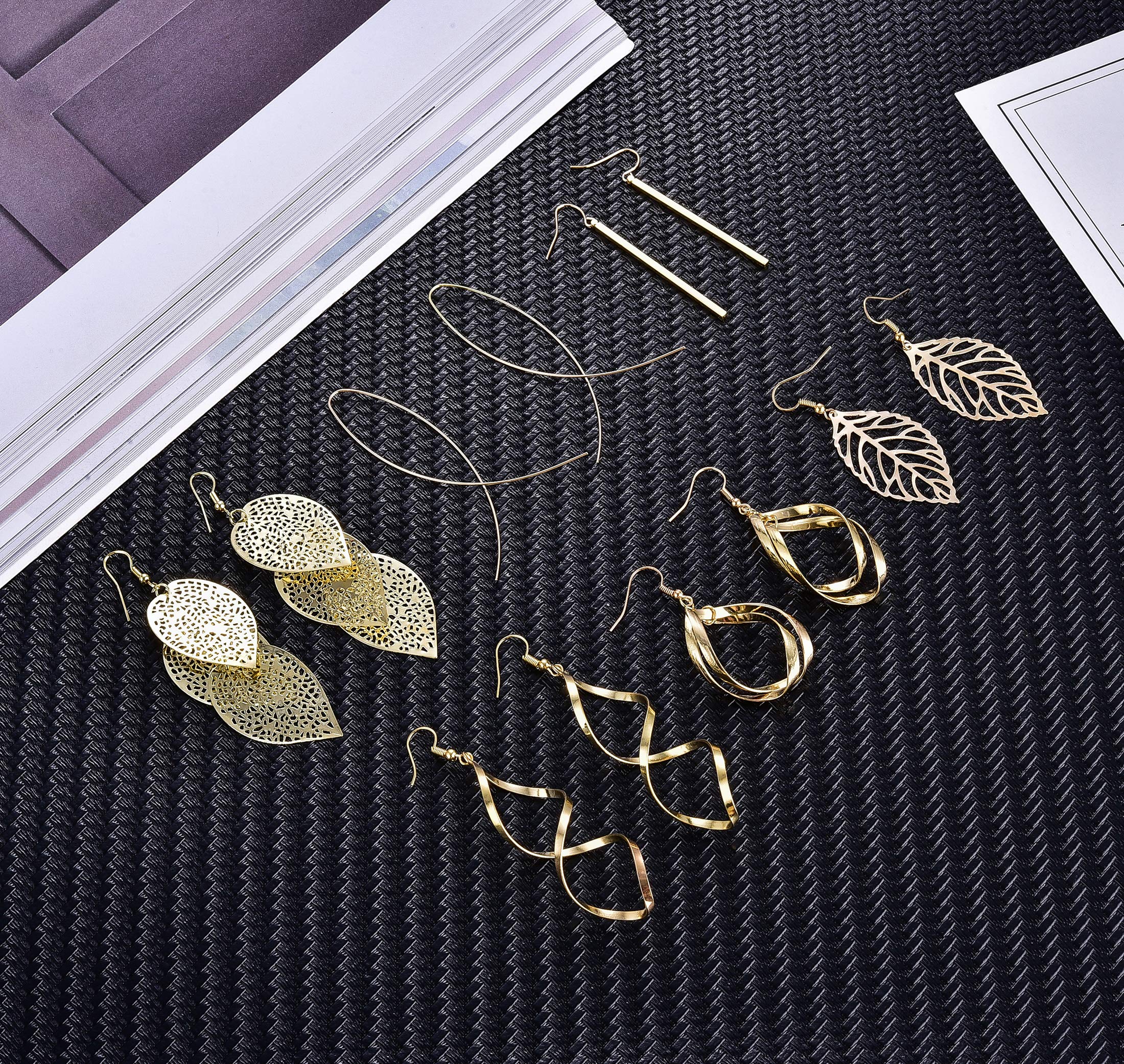 FUNEIA 6 Pairs Drop Dangle Earrings for Women Long Bar Double Twist Wave Curved Threader Cut Out Leaf Lightweight Earrings Set