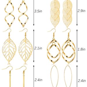 FUNEIA 6 Pairs Drop Dangle Earrings for Women Long Bar Double Twist Wave Curved Threader Cut Out Leaf Lightweight Earrings Set