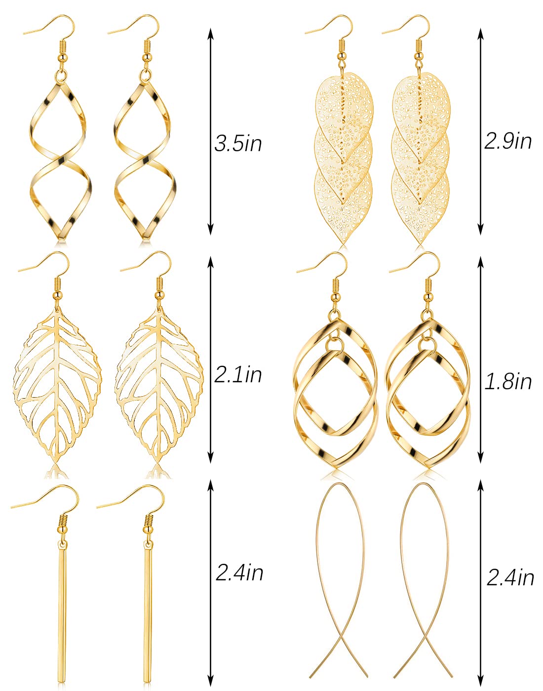 FUNEIA 6 Pairs Drop Dangle Earrings for Women Long Bar Double Twist Wave Curved Threader Cut Out Leaf Lightweight Earrings Set