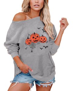 floyu pumpkin face sweatshirt women halloween off the shoulder tops fall pumpkin pullover halloween long sleeve clothes grey