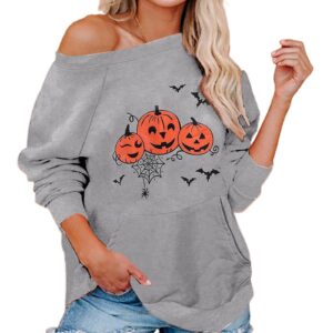 FLOYU Pumpkin Face Sweatshirt Women Halloween Off The Shoulder Tops Fall Pumpkin Pullover Halloween Long Sleeve Clothes Grey