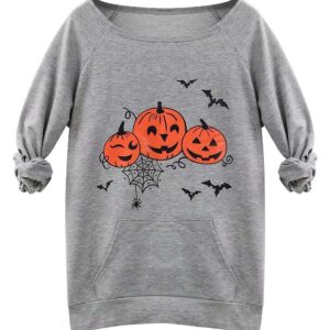 FLOYU Pumpkin Face Sweatshirt Women Halloween Off The Shoulder Tops Fall Pumpkin Pullover Halloween Long Sleeve Clothes Grey