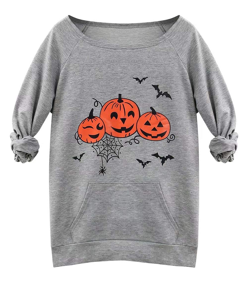 FLOYU Pumpkin Face Sweatshirt Women Halloween Off The Shoulder Tops Fall Pumpkin Pullover Halloween Long Sleeve Clothes Grey