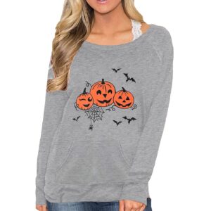 FLOYU Pumpkin Face Sweatshirt Women Halloween Off The Shoulder Tops Fall Pumpkin Pullover Halloween Long Sleeve Clothes Grey