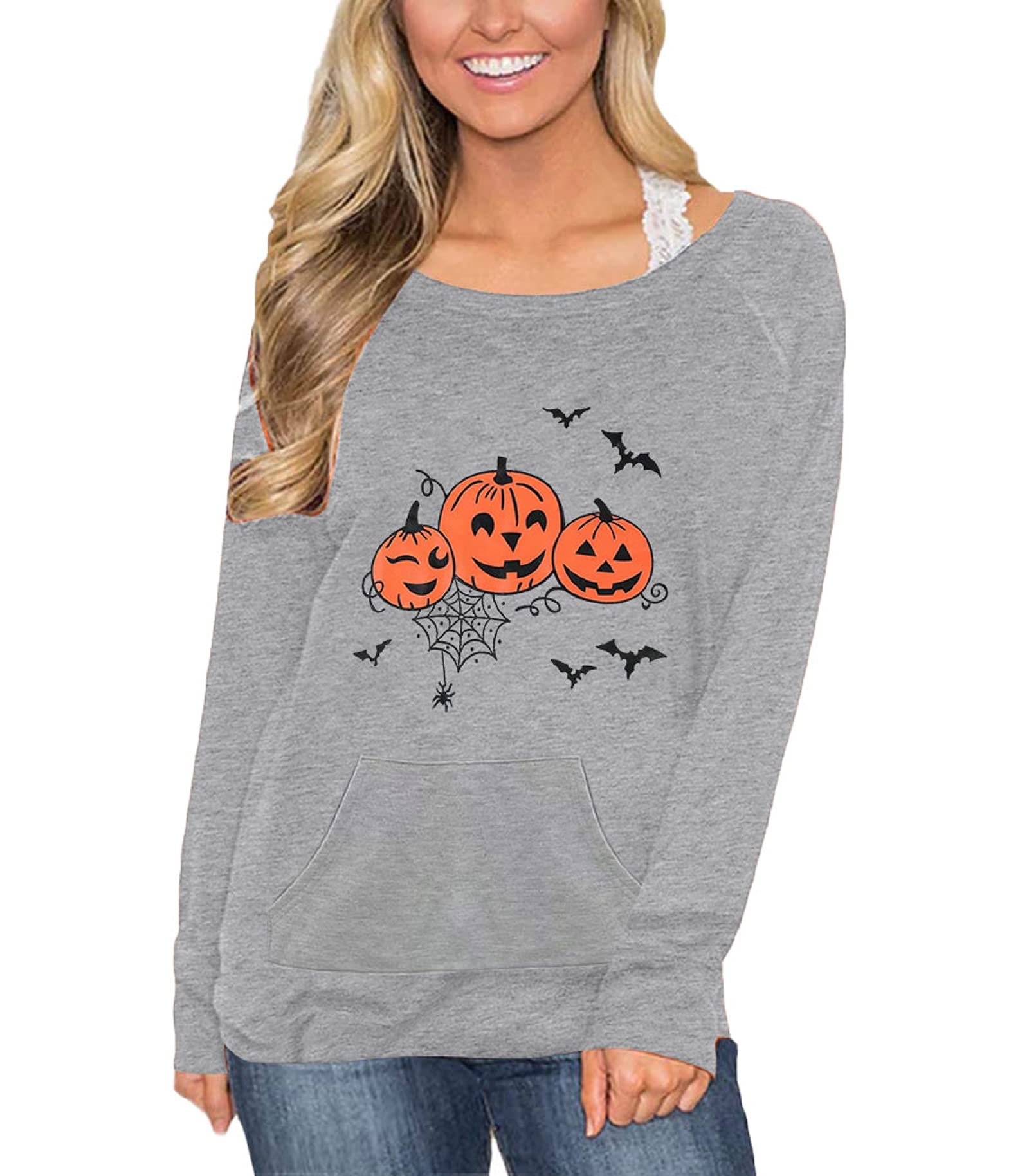 FLOYU Pumpkin Face Sweatshirt Women Halloween Off The Shoulder Tops Fall Pumpkin Pullover Halloween Long Sleeve Clothes Grey