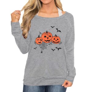 FLOYU Pumpkin Face Sweatshirt Women Halloween Off The Shoulder Tops Fall Pumpkin Pullover Halloween Long Sleeve Clothes Grey