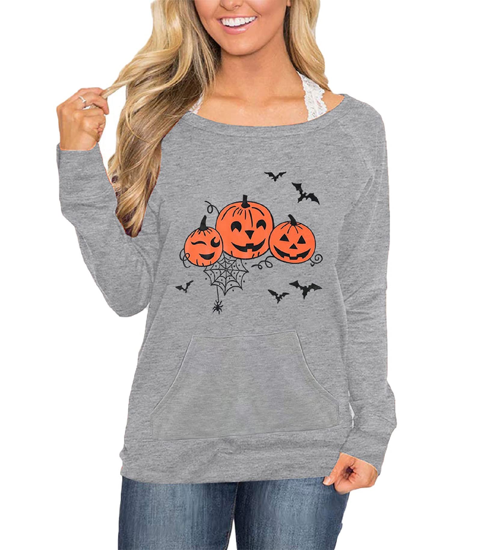 FLOYU Pumpkin Face Sweatshirt Women Halloween Off The Shoulder Tops Fall Pumpkin Pullover Halloween Long Sleeve Clothes Grey