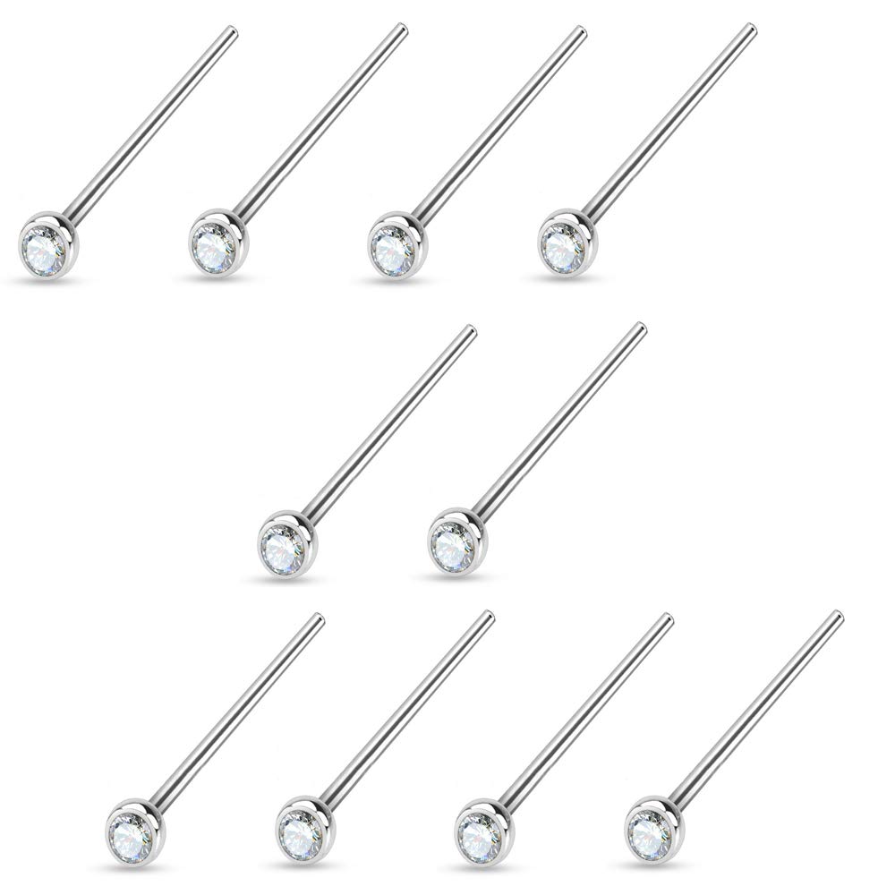 ATMUSA 10 PCS SET 18G LONG 3/4" CLEAR CZ GEM BEND IT FISHTAIL 316L SURGICAL STAINLESS STEEL LONG NOSE PIN RINGS BODY PIERCING JEWELRY