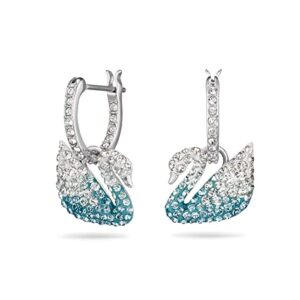 swarovski iconic swan collection women's pierced earrings, set of blue and white crystal hoops with rhodium plating