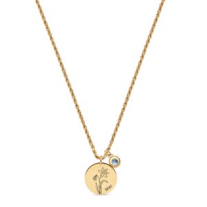 fettero birth flower necklace gold coin stamp dafodil pendant birthstone aquamarine month march 18k gold vacuum plated dainty 2mm twist rope chain simple personalized jewelry for women