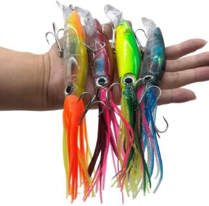 damidel 4 pcs large simulation squid fishing lures bait kit, over 5.5 in/ 43g, 3d holographic eyes，built-in multicolored lead blocksthrough heavy duty ，stable and tempting