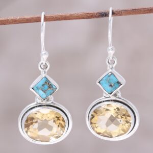 NOVICA Artisan Handmade Citrine Dangle Earrings Ninecarat Composite Turquoise Sterling Silver Reconstituted India Birthstone Gemstone [1.4 in L x 0.6 in W x 0.2 in D] ' Watery Gold'