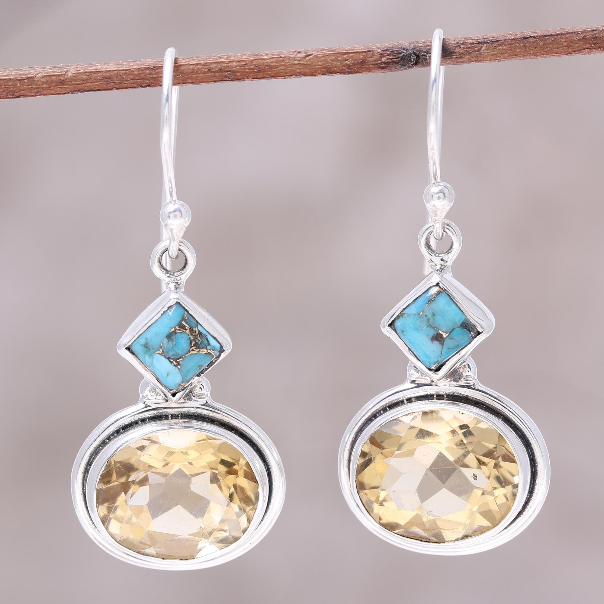 NOVICA Artisan Handmade Citrine Dangle Earrings Ninecarat Composite Turquoise Sterling Silver Reconstituted India Birthstone Gemstone [1.4 in L x 0.6 in W x 0.2 in D] ' Watery Gold'