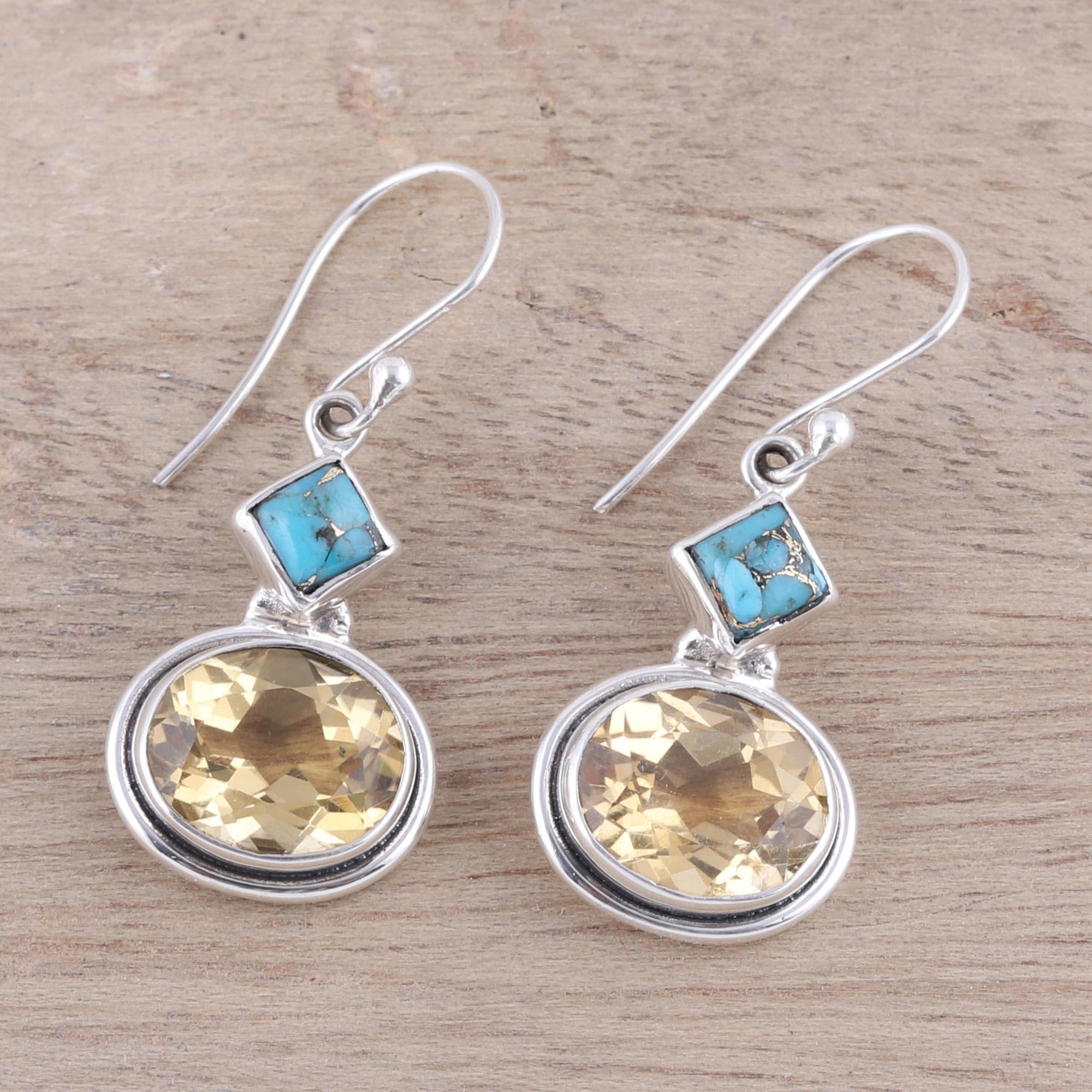 NOVICA Artisan Handmade Citrine Dangle Earrings Ninecarat Composite Turquoise Sterling Silver Reconstituted India Birthstone Gemstone [1.4 in L x 0.6 in W x 0.2 in D] ' Watery Gold'