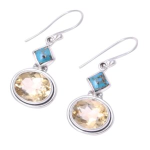 NOVICA Artisan Handmade Citrine Dangle Earrings Ninecarat Composite Turquoise Sterling Silver Reconstituted India Birthstone Gemstone [1.4 in L x 0.6 in W x 0.2 in D] ' Watery Gold'