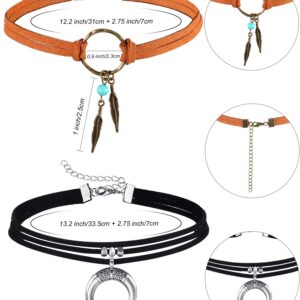 Hicarer 3 Pieces Suede Choker Necklaces American Indian Feather Handmade Necklaces Adjustable Leather Turquoise Choker Necklace Moon Crescent Pendant Choker for Women Accessories