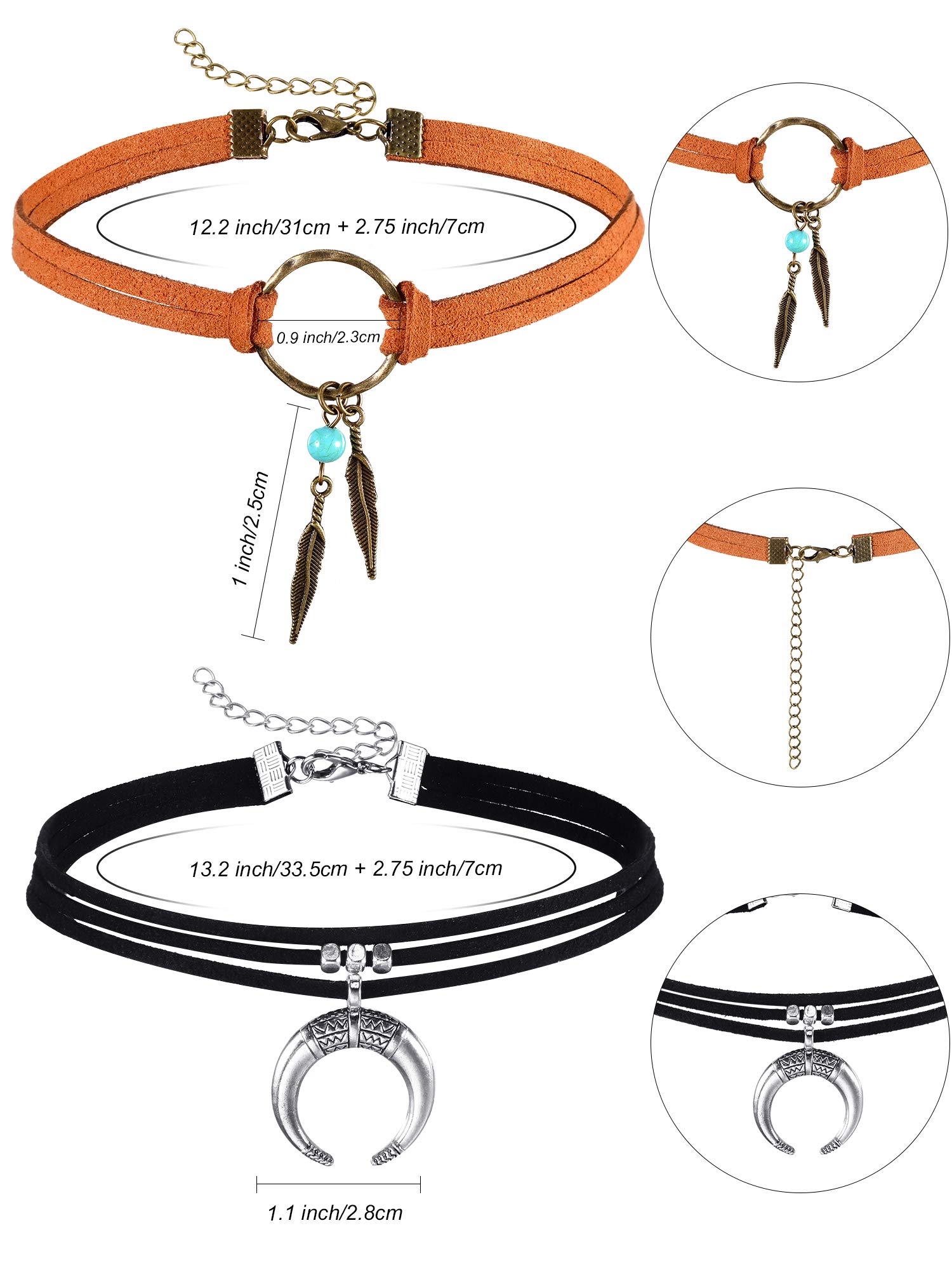 Hicarer 3 Pieces Suede Choker Necklaces American Indian Feather Handmade Necklaces Adjustable Leather Turquoise Choker Necklace Moon Crescent Pendant Choker for Women Accessories