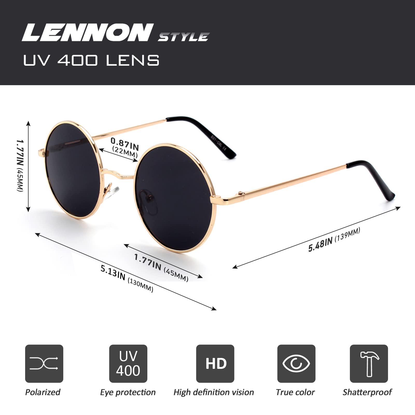 CGID E01 Lennon Polarized Sunglasses for Women Men Circle Round Retro Vintage Sun Glasses Circular Shades 2 Pack, Small 45mm, Simple Package