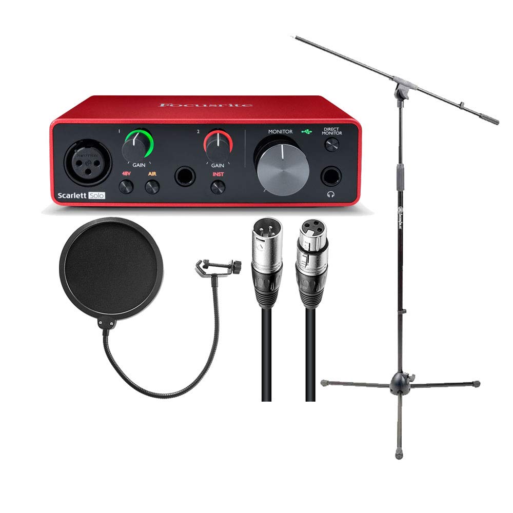 Focusrite Scarlett Solo 3rd Gen USB Audio Interface Bundle with Boom Stand, Pop Filter, XLR Cable (4 Items)