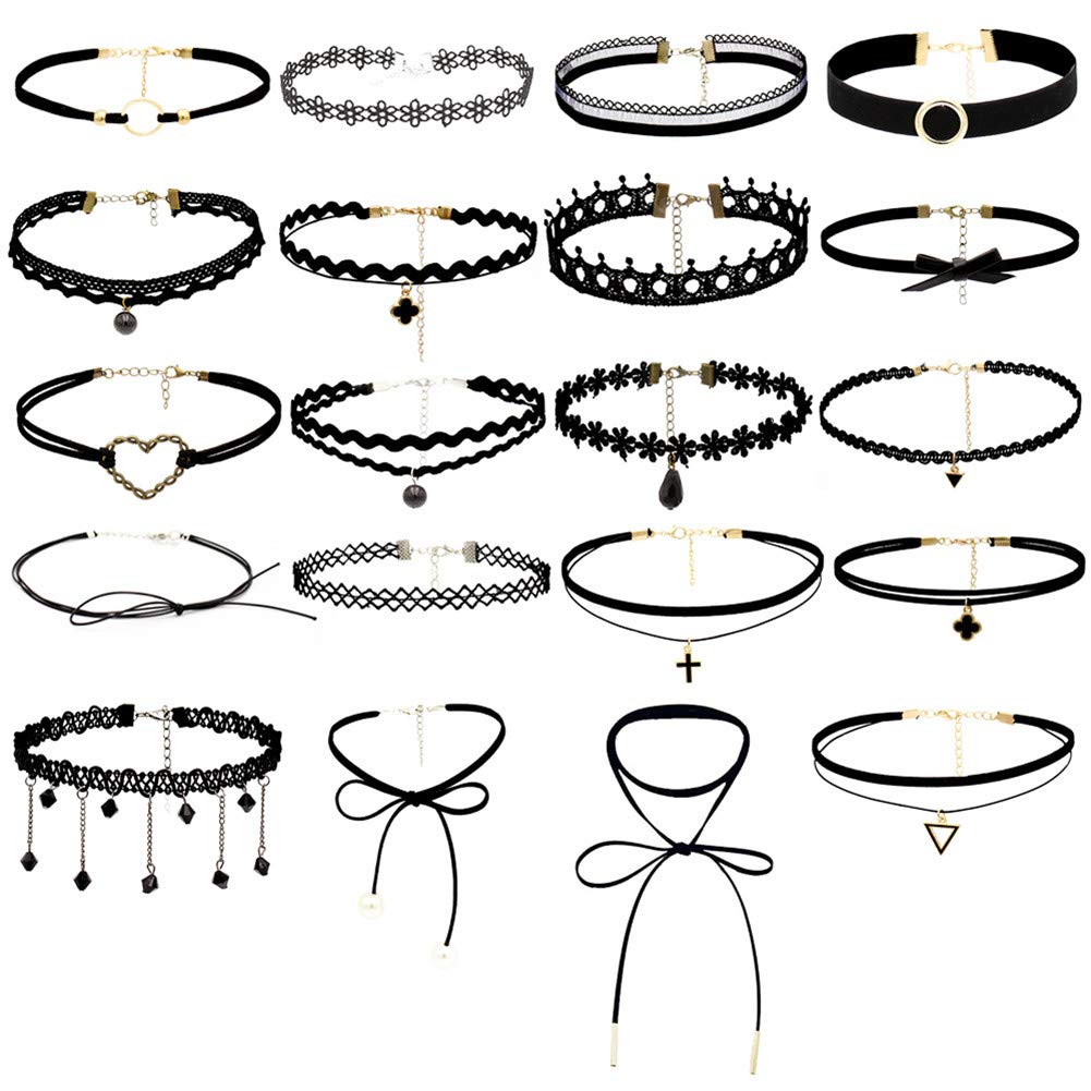 Choker Set 20 Pcs Adjustable Classic Black Choker Necklace Foot Set for Christmas Gift Velvet Metal Pendant Making Chains Vintage Lolita Styles for Women Girls