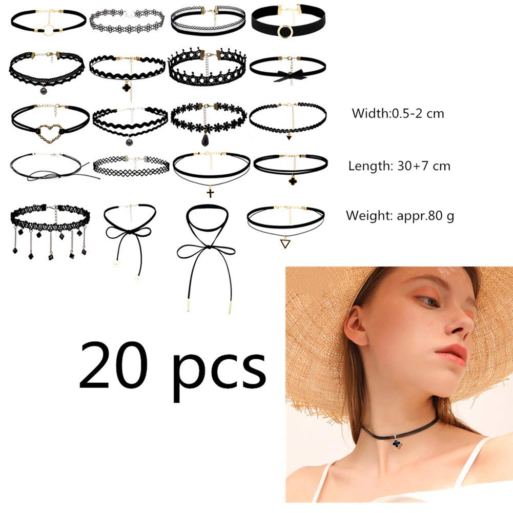 Choker Set 20 Pcs Adjustable Classic Black Choker Necklace Foot Set for Christmas Gift Velvet Metal Pendant Making Chains Vintage Lolita Styles for Women Girls