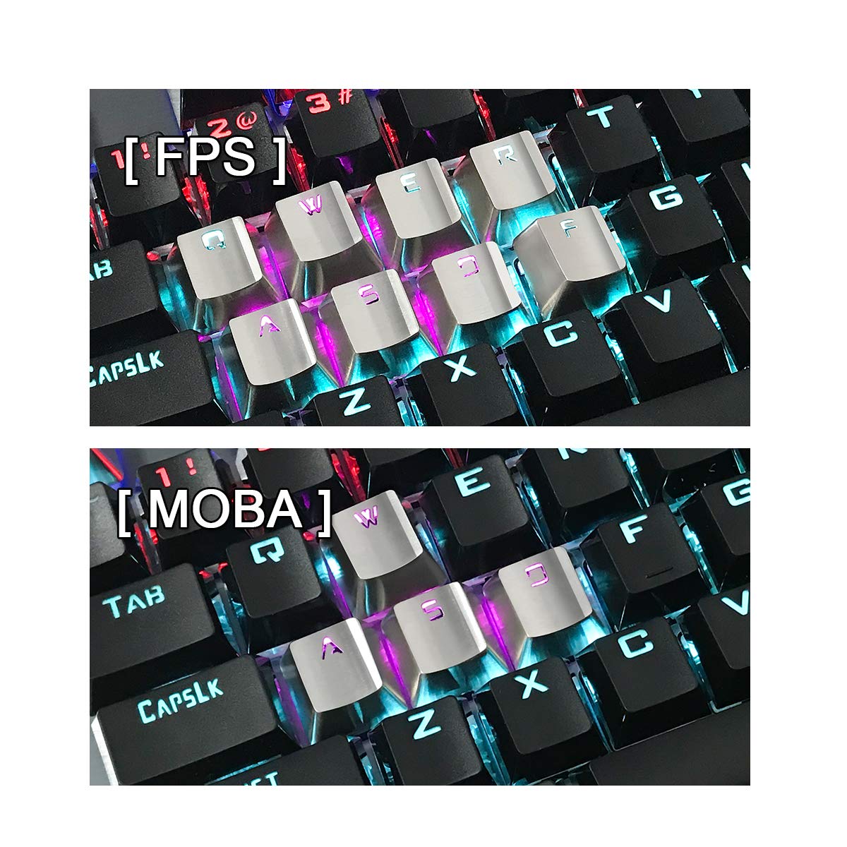 Fitlink FPS & MOBA Gaming Keycaps, Stainless Steel Metal Keycaps with Key Puller for Mechanical Keyboard Cherry Mx Switch 9 (WASD,Silver)