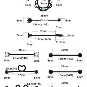 Prjndjw 14G Industrial Earrings For Women Mne Opal Heart surgical steel industrial piercing jewelry barbell Arrow screw external thread jewelry black industrial piercing jewelry 38MM