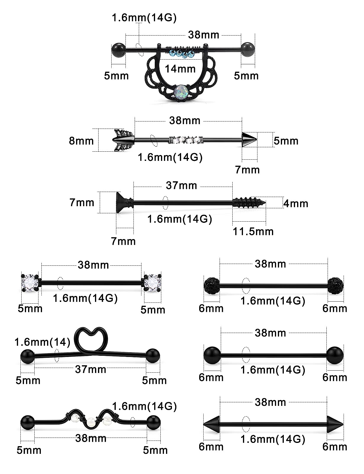 Prjndjw 14G Industrial Earrings For Women Mne Opal Heart surgical steel industrial piercing jewelry barbell Arrow screw external thread jewelry black industrial piercing jewelry 38MM