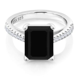 gem stone king 925 sterling silver black onyx and white created sapphire women's wedding engagement ring (3.39 cttw, gemstone birthstone, 10x8mm emerald cut, available in size 5, 6, 7, 8, 9)