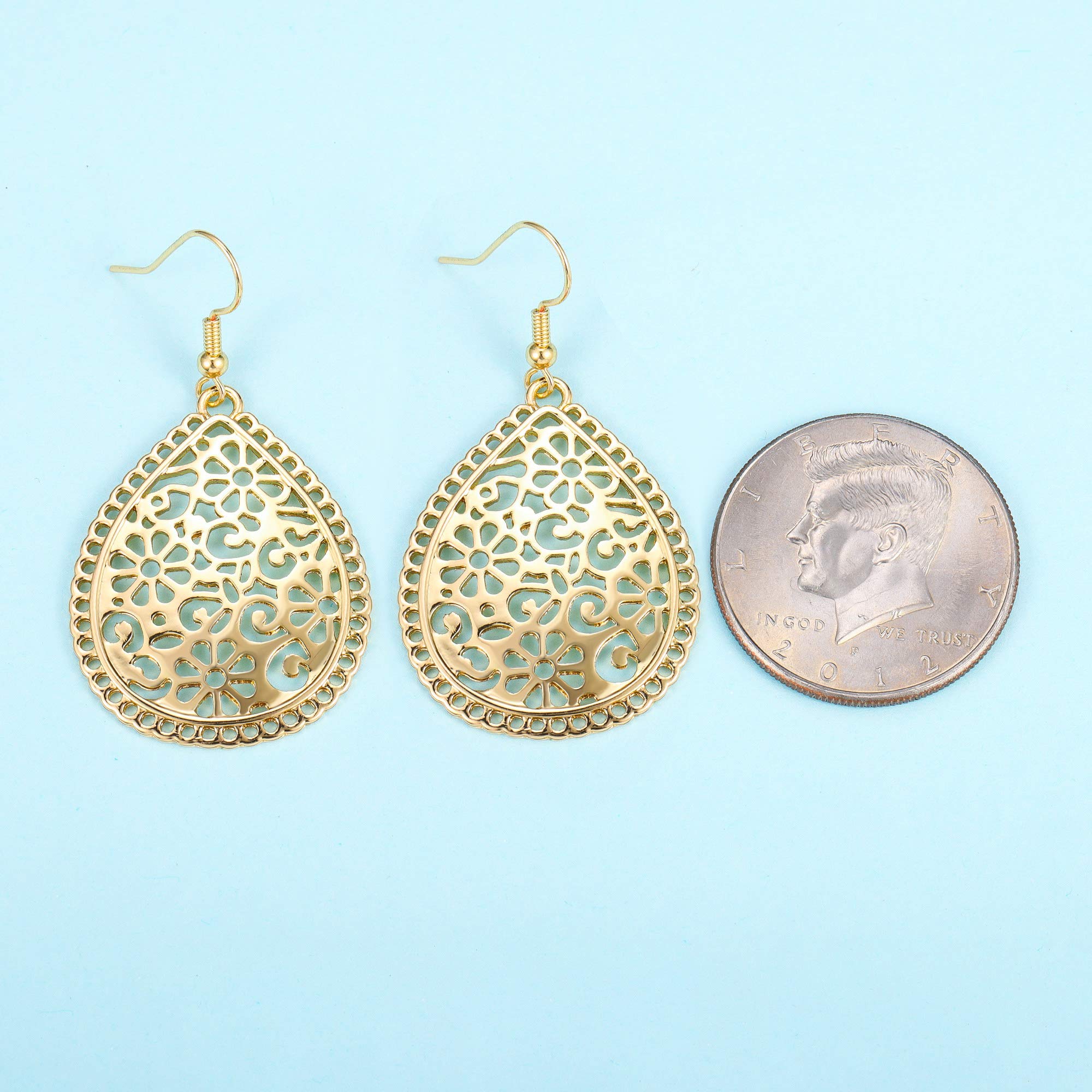 BIRSTONE Handmade Teardrop Earrings with Brushed Finished Dangle Earrings (Hollow Gold)