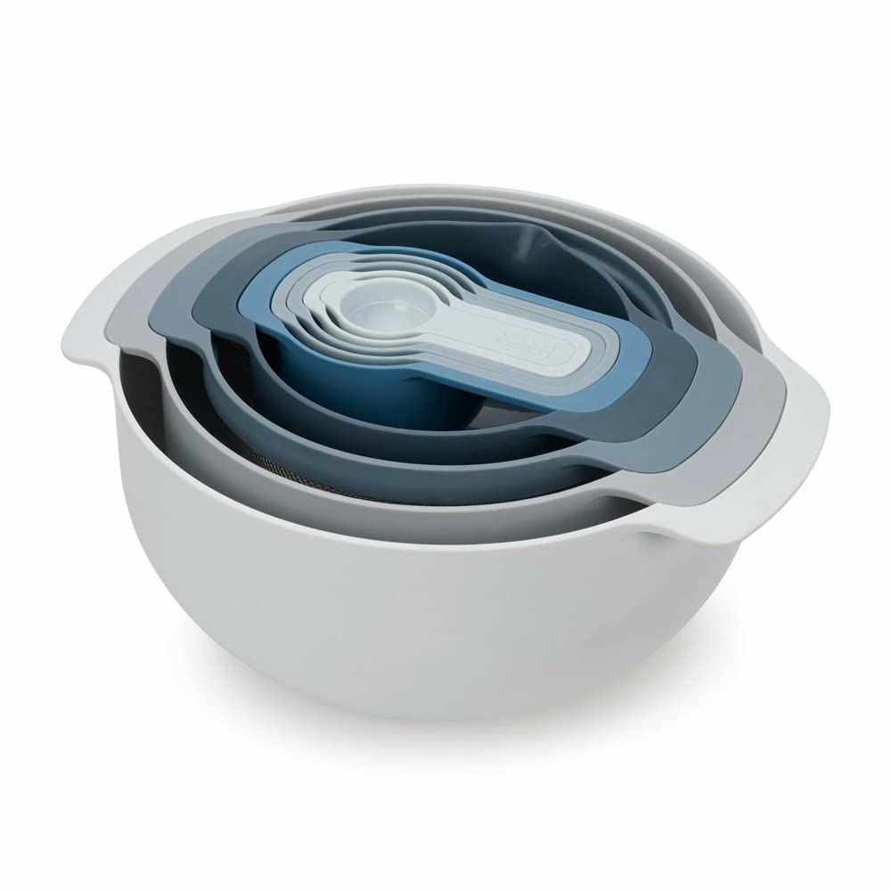 Joseph Joseph 9 Nesting Set with Mixing Bowls Measuring Cups Sieve Colander, 9-Piece, Sky,Blue