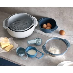 Joseph Joseph 9 Nesting Set with Mixing Bowls Measuring Cups Sieve Colander, 9-Piece, Sky,Blue