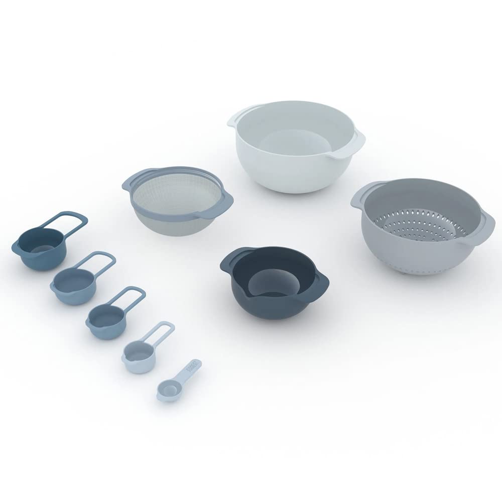 Joseph Joseph 9 Nesting Set with Mixing Bowls Measuring Cups Sieve Colander, 9-Piece, Sky,Blue