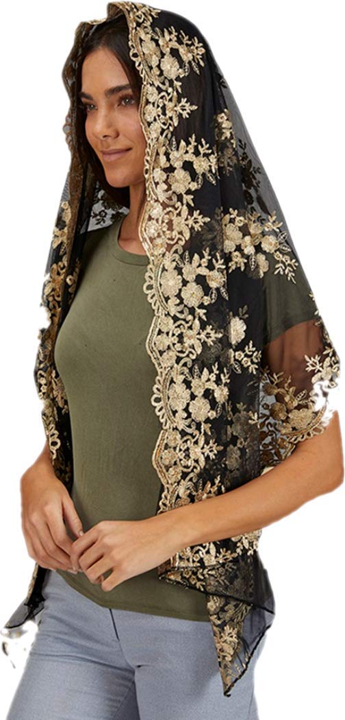 Embroidered Two Tone Black and Gold Long Chapel Veil with Floral Design, 24 Inch