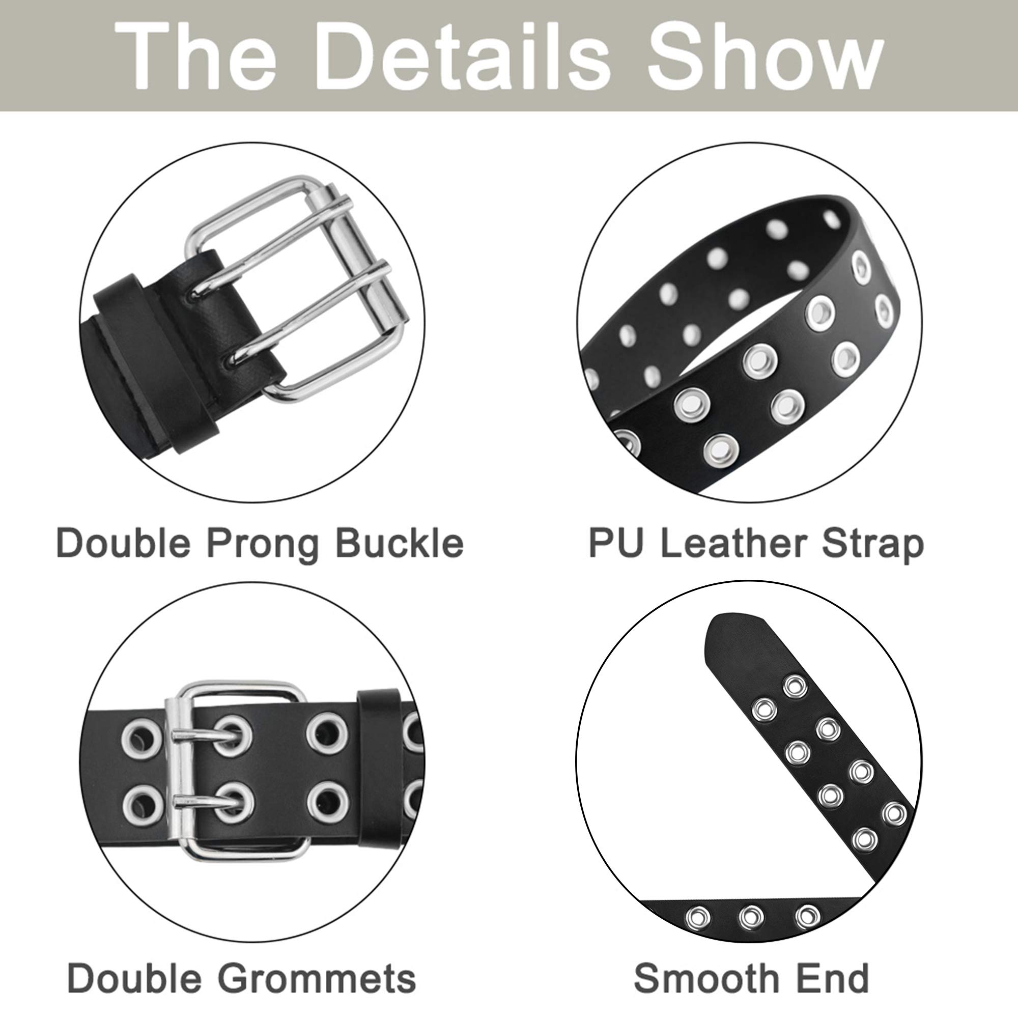 macoking Grommet Leather Belts for Women, Black Belt Women Men - Double Studded Holes-S