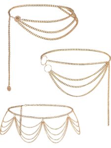 3 pieces belly waist chain multi layer metal waist chain body summer beach chain for women and girls (tassel style)