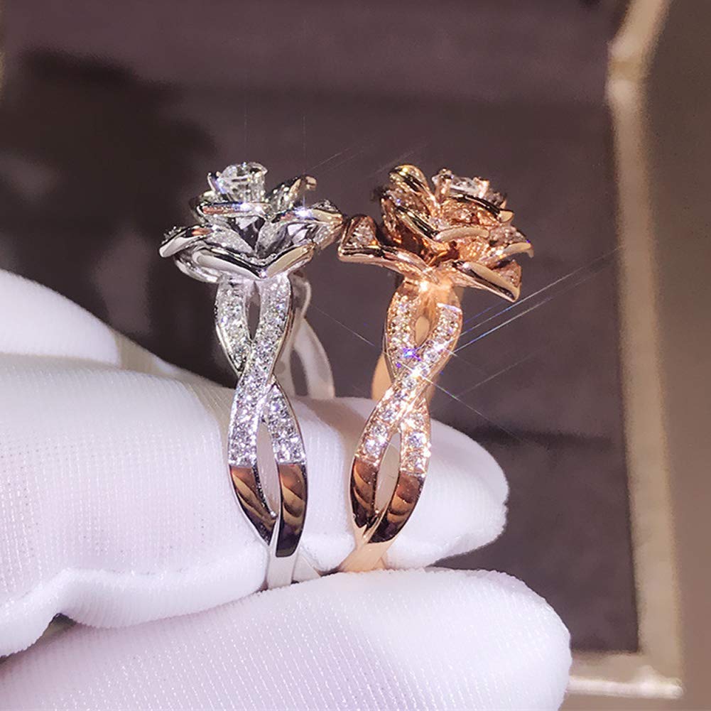 JESMING 3D Rose Ring CZ Simulated Diamond Ring Rose Gold Ring Rose Flower Ring for Women (Rose Gold,6)