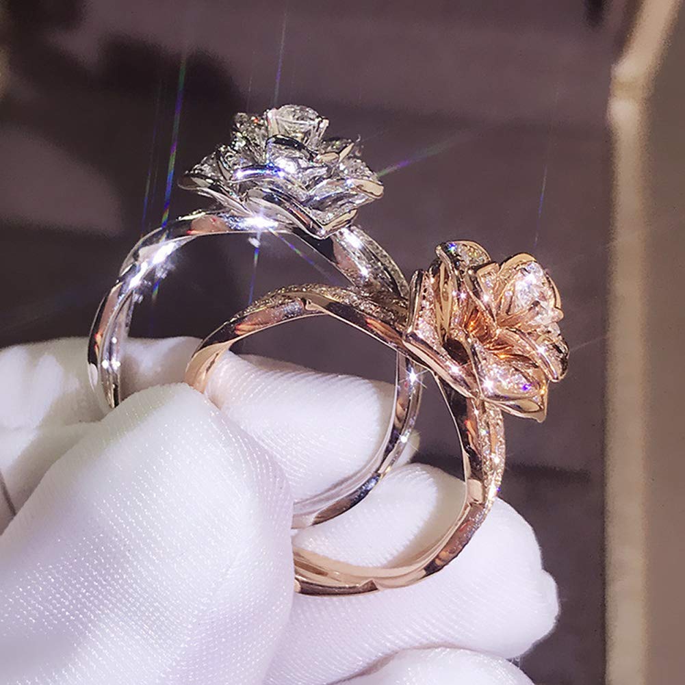 JESMING 3D Rose Ring CZ Simulated Diamond Ring Rose Gold Ring Rose Flower Ring for Women (Rose Gold,6)