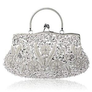 gets noble beaded sequin flower evening purse large clutch bag handbag for women (silver)