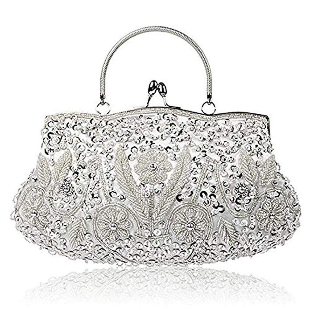 Gets Noble Beaded Sequin Flower Evening Purse Large Clutch Bag Handbag for Women (Silver)